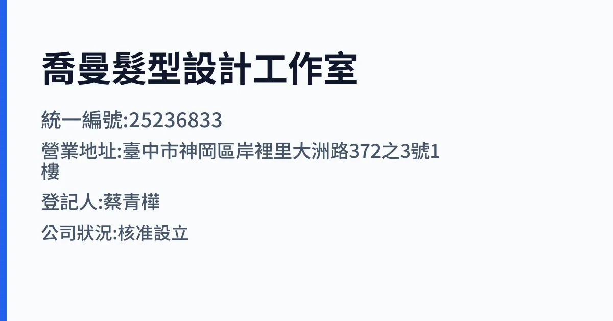 喬曼髮型設計工作室 - 統編 25236833(臺中市) 公司登記資料與營業項目詳細圖表