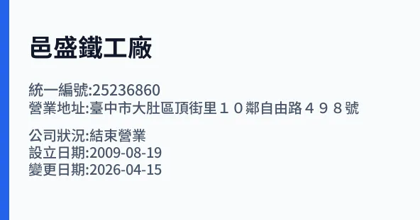 邑盛鐵工廠的照片-統編 25236860(臺中市) 公司登記資料與營業項目詳細圖表