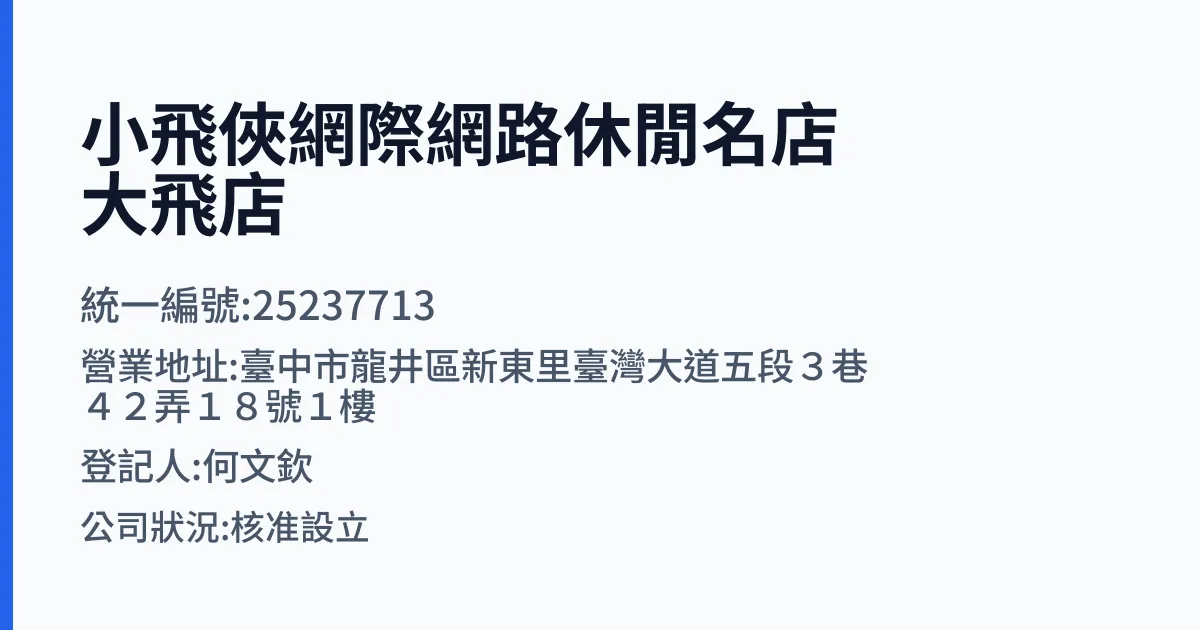 小飛俠網際網路休閒名店大飛店 - 統編 25237713（臺中市） 公司登記資料與營業項目詳細圖表