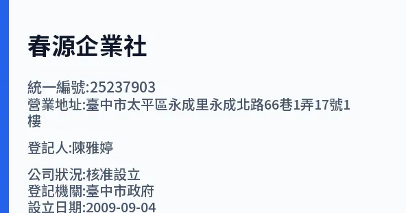 春源企業社的照片-統編 25237903(臺中市) 公司登記資料與營業項目詳細圖表