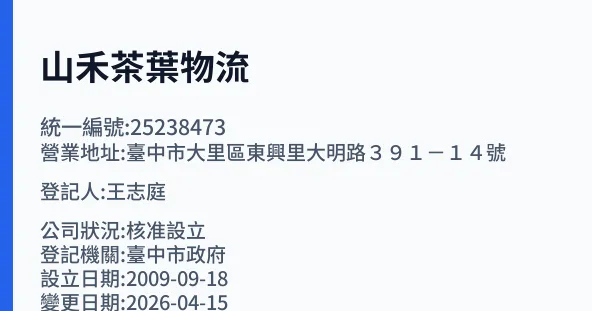 山禾茶葉物流的照片-統編 25238473(臺中市) 公司登記資料與營業項目詳細圖表