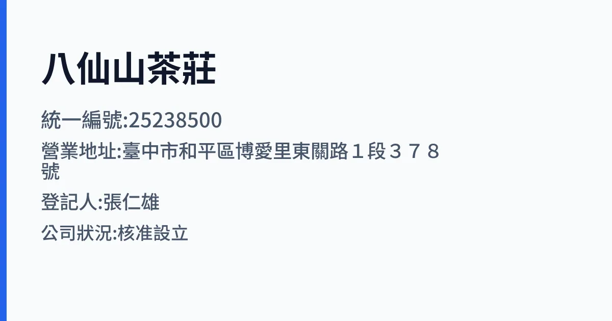 八仙山茶莊 - 統編 25238500(臺中市) 公司登記資料與營業項目詳細圖表