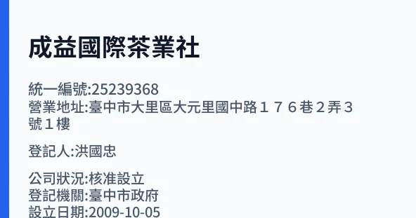 成益國際茶業社的照片-統編 25239368(臺中市) 公司登記資料與營業項目詳細圖表