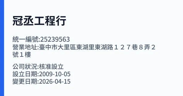 冠丞工程行的照片-統編 25239563(臺中市) 公司登記資料與營業項目詳細圖表