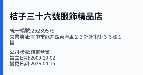 桔子三十六號服飾精品店的照片-統編 25239579(臺中市) 公司登記資料與營業項目詳細圖表