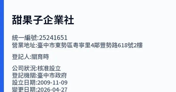 甜果子企業社的照片-統編 25241651(臺中市) 公司登記資料與營業項目詳細圖表
