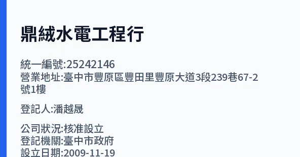 鼎絨水電工程行的照片-統編 25242146(臺中市) 公司登記資料與營業項目詳細圖表
