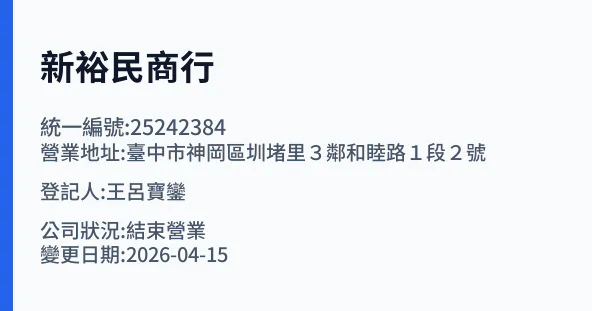 新裕民商行的照片-統編 25242384(臺中市) 公司登記資料與營業項目詳細圖表