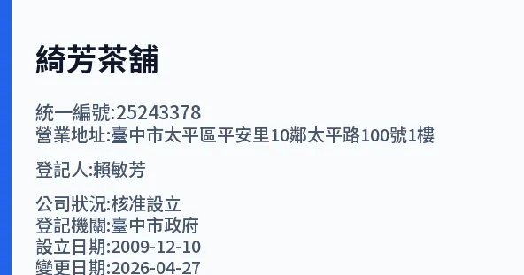 綺芳茶舖的照片-統編 25243378(臺中市) 公司登記資料與營業項目詳細圖表