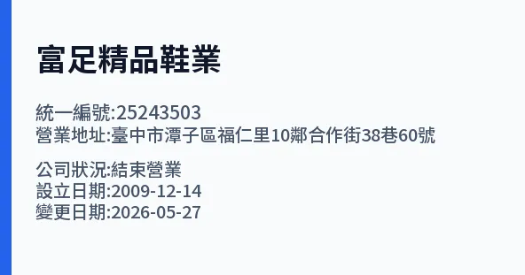 富足精品鞋業的照片-統編 25243503(臺中市) 公司登記資料與營業項目詳細圖表