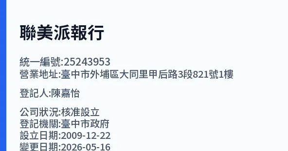 聯美派報行的照片-統編 25243953(臺中市) 公司登記資料與營業項目詳細圖表