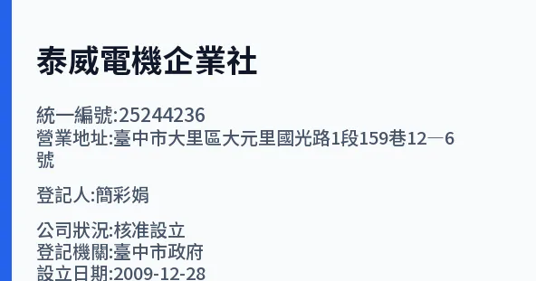 泰威電機企業社的照片-統編 25244236(臺中市) 公司登記資料與營業項目詳細圖表