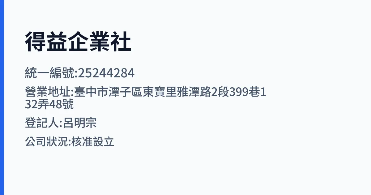 得益企業社 - 統編 25244284(臺中市) 公司登記資料與營業項目詳細圖表
