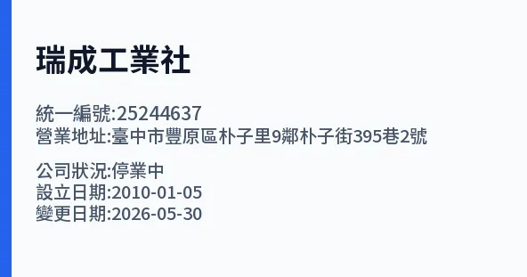 瑞成工業社的照片-統編 25244637(臺中市) 公司登記資料與營業項目詳細圖表