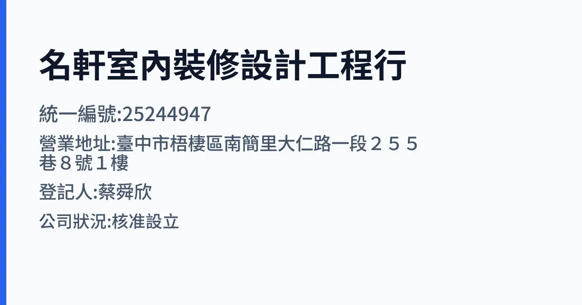 名軒室內裝修設計工程行 - 統編 25244947(臺中市) 公司登記資料與營業項目詳細圖表