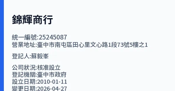 錦輝商行的照片-統編 25245087(臺中市) 公司登記資料與營業項目詳細圖表