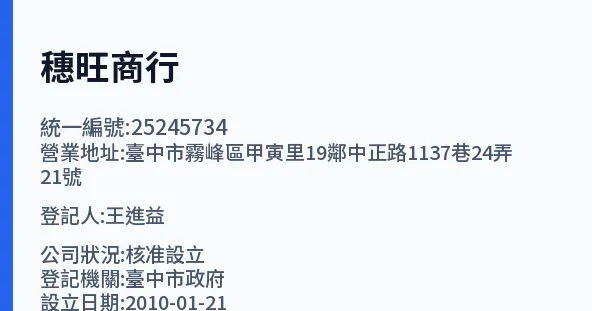 穗旺商行的照片-統編 25245734(臺中市) 公司登記資料與營業項目詳細圖表