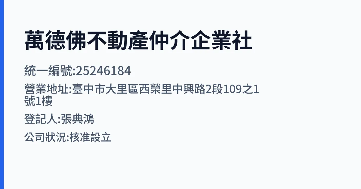 萬德佛不動產仲介企業社 - 統編 25246184（臺中市） 公司登記資料與營業項目詳細圖表