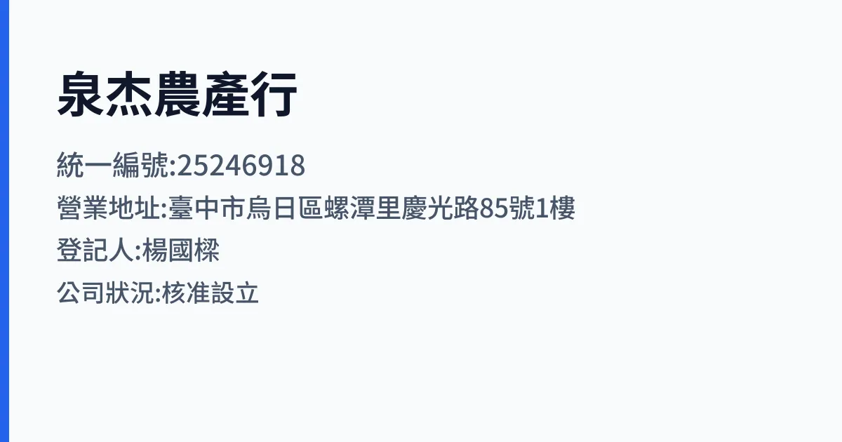 泉杰農產行 - 統編 25246918(臺中市) 公司登記資料與營業項目詳細圖表