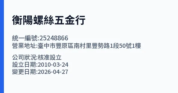 衡陽螺絲五金行的照片-統編 25248866(臺中市) 公司登記資料與營業項目詳細圖表
