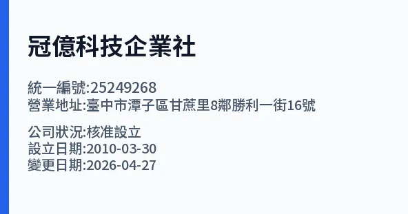冠億科技企業社的照片-統編 25249268(臺中市) 公司登記資料與營業項目詳細圖表