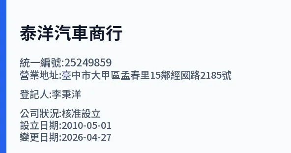 泰洋汽車商行的照片-統編 25249859(臺中市) 公司登記資料與營業項目詳細圖表