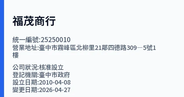 福茂商行的照片-統編 25250010(臺中市) 公司登記資料與營業項目詳細圖表