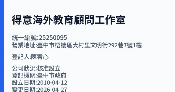 得意海外教育顧問工作室的照片-統編 25250095(臺中市) 公司登記資料與營業項目詳細圖表