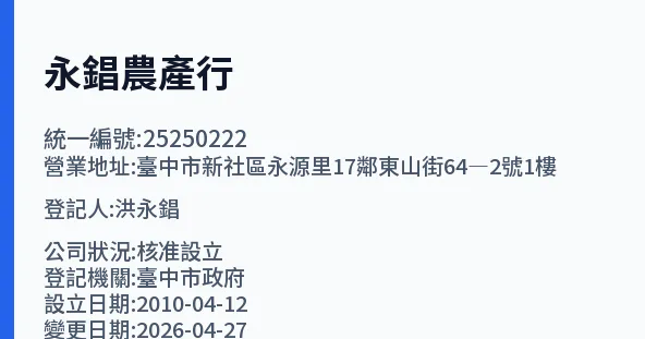 永錩農產行的照片-統編 25250222(臺中市) 公司登記資料與營業項目詳細圖表