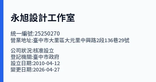 永旭設計工作室的照片-統編 25250270(臺中市) 公司登記資料與營業項目詳細圖表