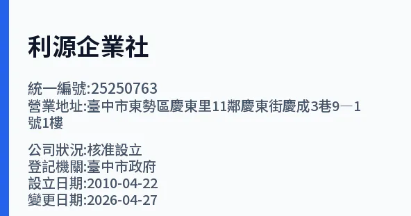 利源企業社的照片-統編 25250763(臺中市) 公司登記資料與營業項目詳細圖表