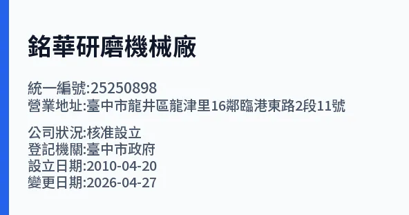 銘華研磨機械廠的照片-統編 25250898(臺中市) 公司登記資料與營業項目詳細圖表