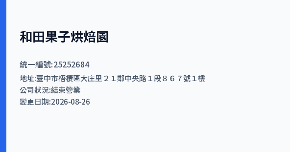和田果子烘焙園的照片-統編 25252684(臺中市) 公司登記資料與營業項目詳細圖表
