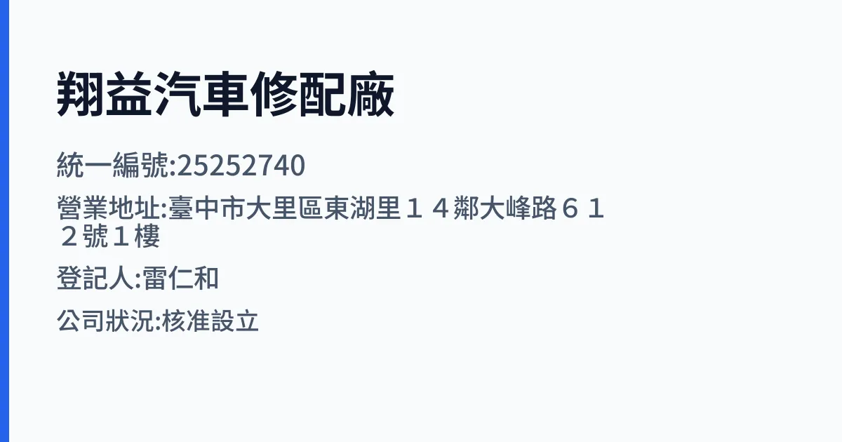 翔益汽車修配廠 - 統編 25252740(臺中市) 公司登記資料與營業項目詳細圖表