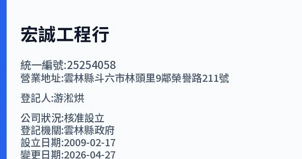 宏誠工程行的照片-統編 25254058(雲林縣) 公司登記資料與營業項目詳細圖表