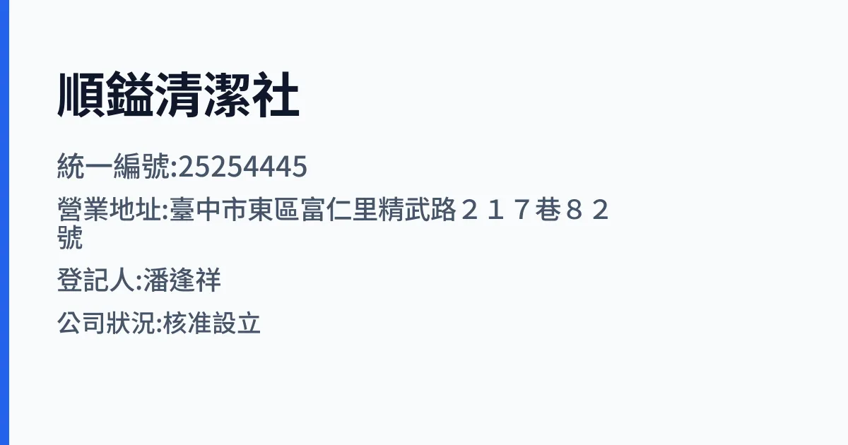 順鎰清潔社 - 統編 25254445（臺中市） 公司登記資料與營業項目詳細圖表