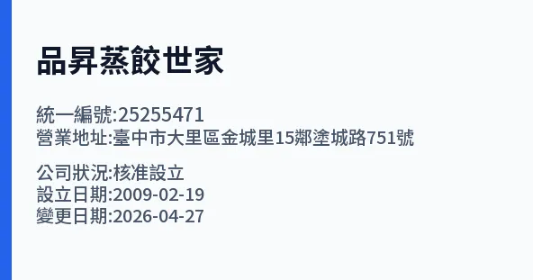 品昇蒸餃世家的照片-統編 25255471(臺中市) 公司登記資料與營業項目詳細圖表