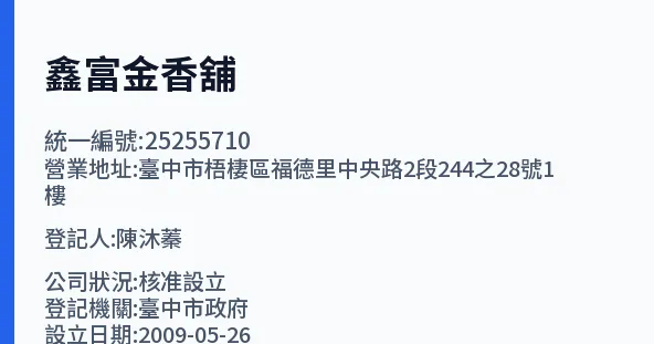 鑫富金香舖的照片-統編 25255710(臺中市) 公司登記資料與營業項目詳細圖表