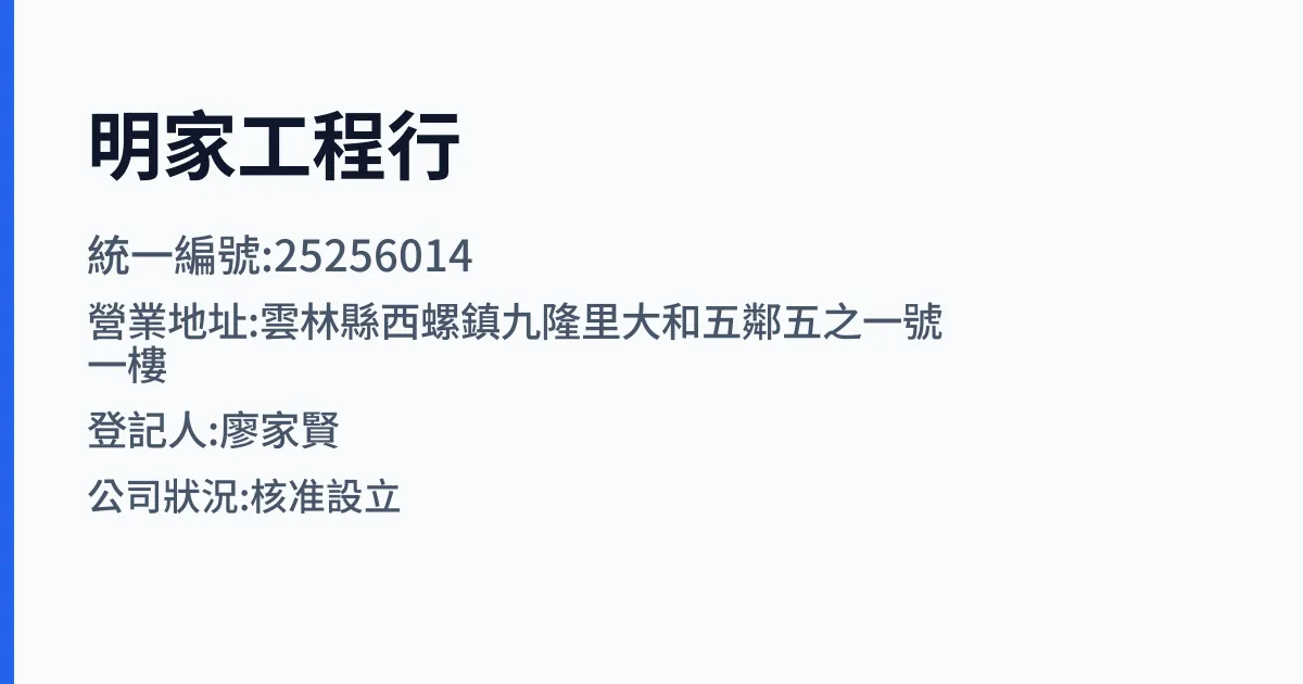 明家工程行 - 統編 25256014(雲林縣) 公司登記資料與營業項目詳細圖表
