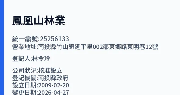 鳳凰山林業的照片-統編 25256133(南投縣) 公司登記資料與營業項目詳細圖表