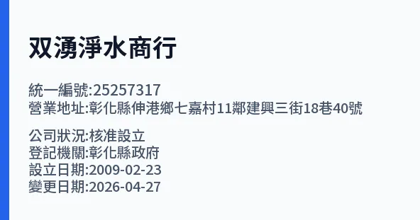 双湧淨水商行的照片-統編 25257317(彰化縣) 公司登記資料與營業項目詳細圖表