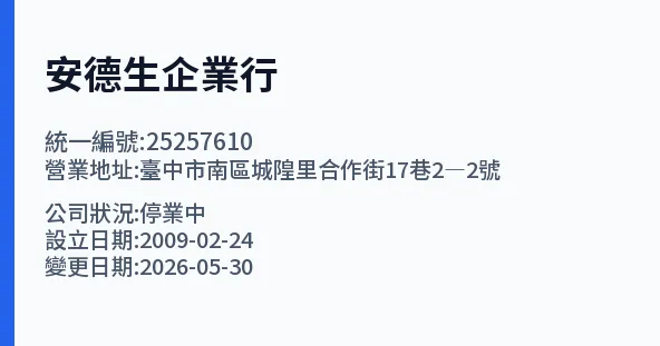 安德生企業行的照片-統編 25257610(臺中市) 公司登記資料與營業項目詳細圖表