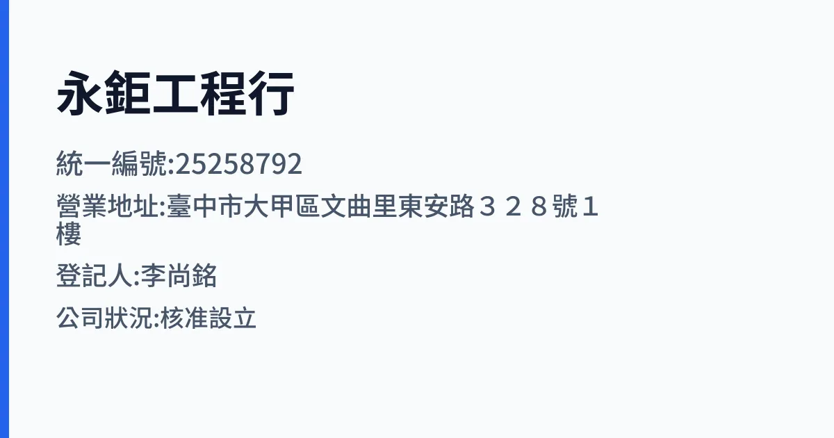 永鉅工程行 - 統編 25258792(臺中市) 公司登記資料與營業項目詳細圖表