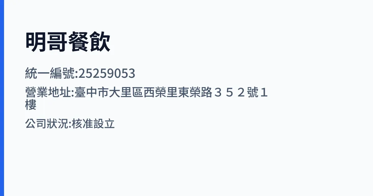 明哥餐飲 - 統編 25259053(臺中市) 公司登記資料與營業項目詳細圖表