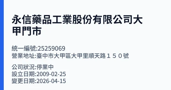 永信藥品工業股份有限公司大甲門市的照片-統編 25259069(臺中市) 公司登記資料與營業項目詳細圖表