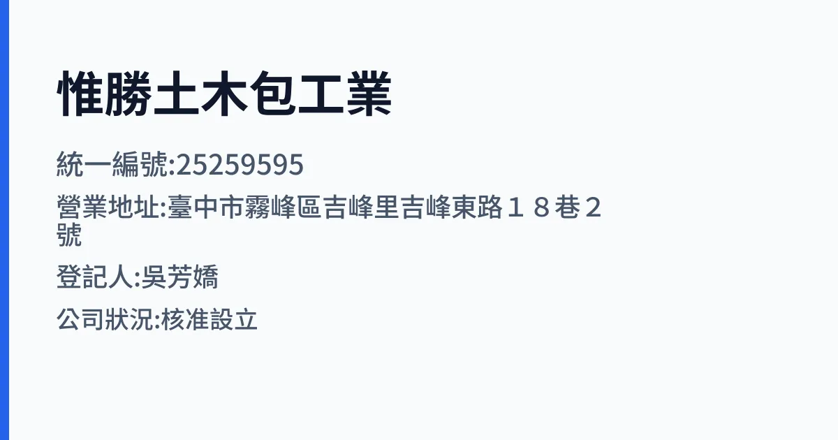 惟勝土木包工業 - 統編 25259595(臺中市) 公司登記資料與營業項目詳細圖表