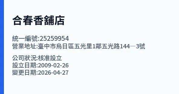 合春香舖店的照片-統編 25259954(臺中市) 公司登記資料與營業項目詳細圖表