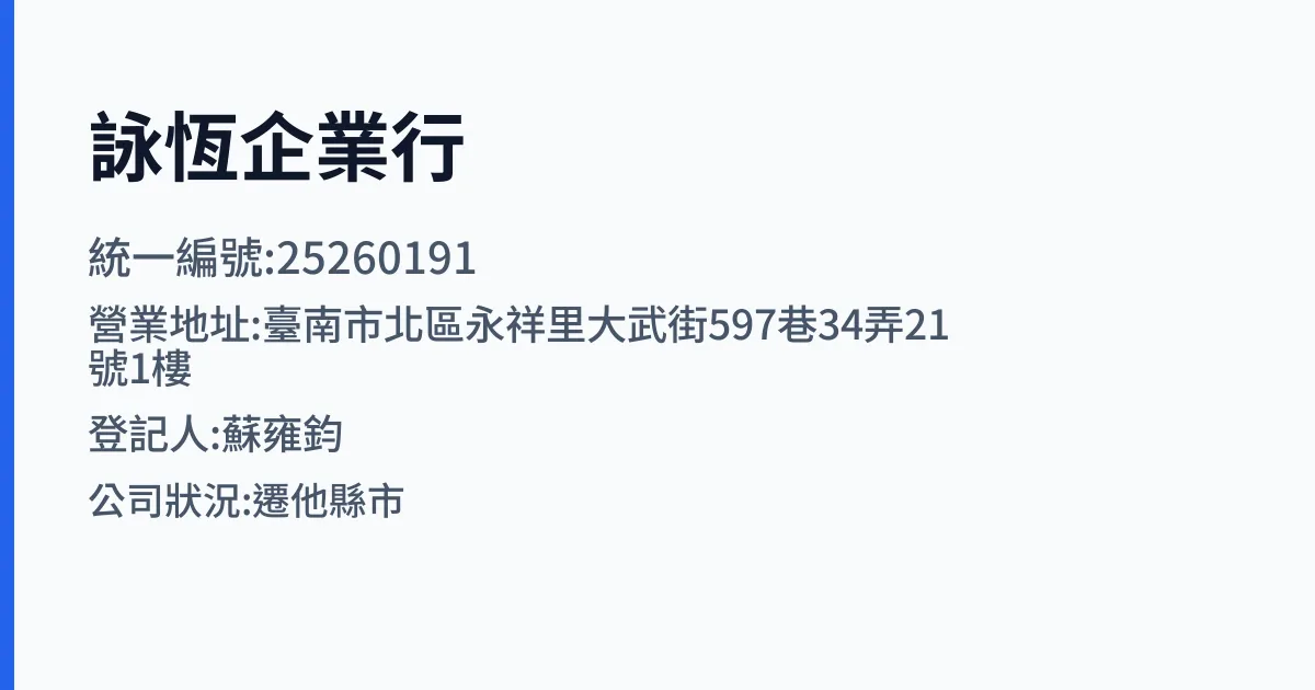 詠恆企業行 - 統編 25260191(臺中市) 公司登記資料與營業項目詳細圖表