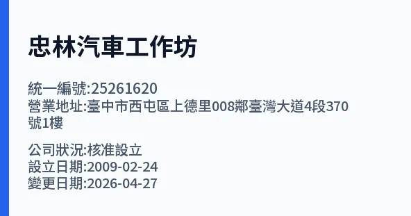 忠林汽車工作坊的照片-統編 25261620(臺中市) 公司登記資料與營業項目詳細圖表