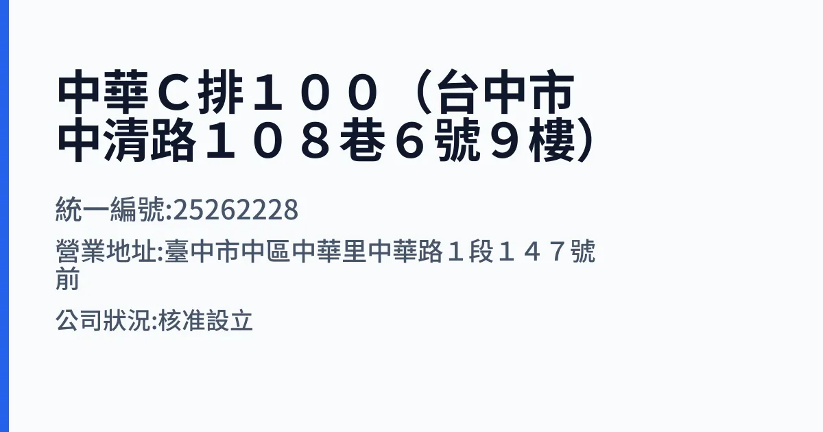 中華Ｃ排１００（台中市中清路１０８巷６號９樓） - 統編 25262228（臺中市） 公司登記資料與營業項目詳細圖表